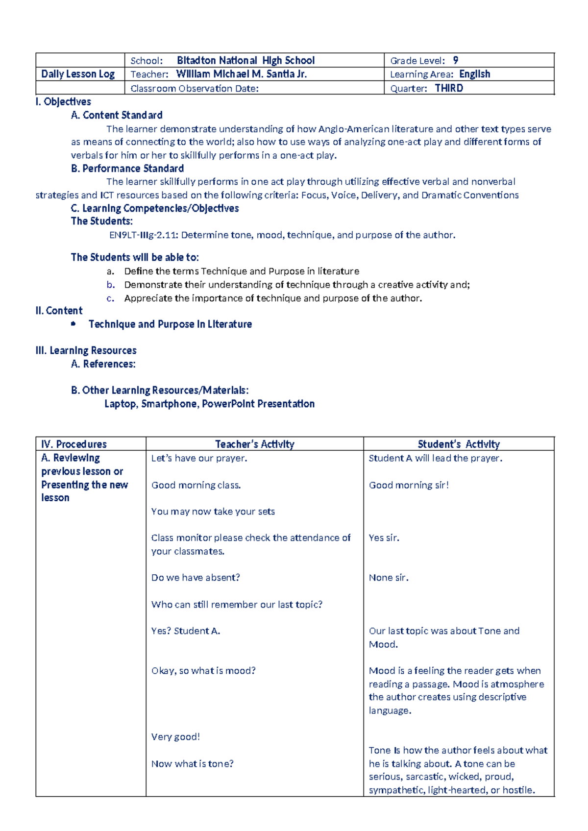 Lp11 - detailed lesson plan - School: Bitadton National High School Grade Level: 9 Daily Lesson ...