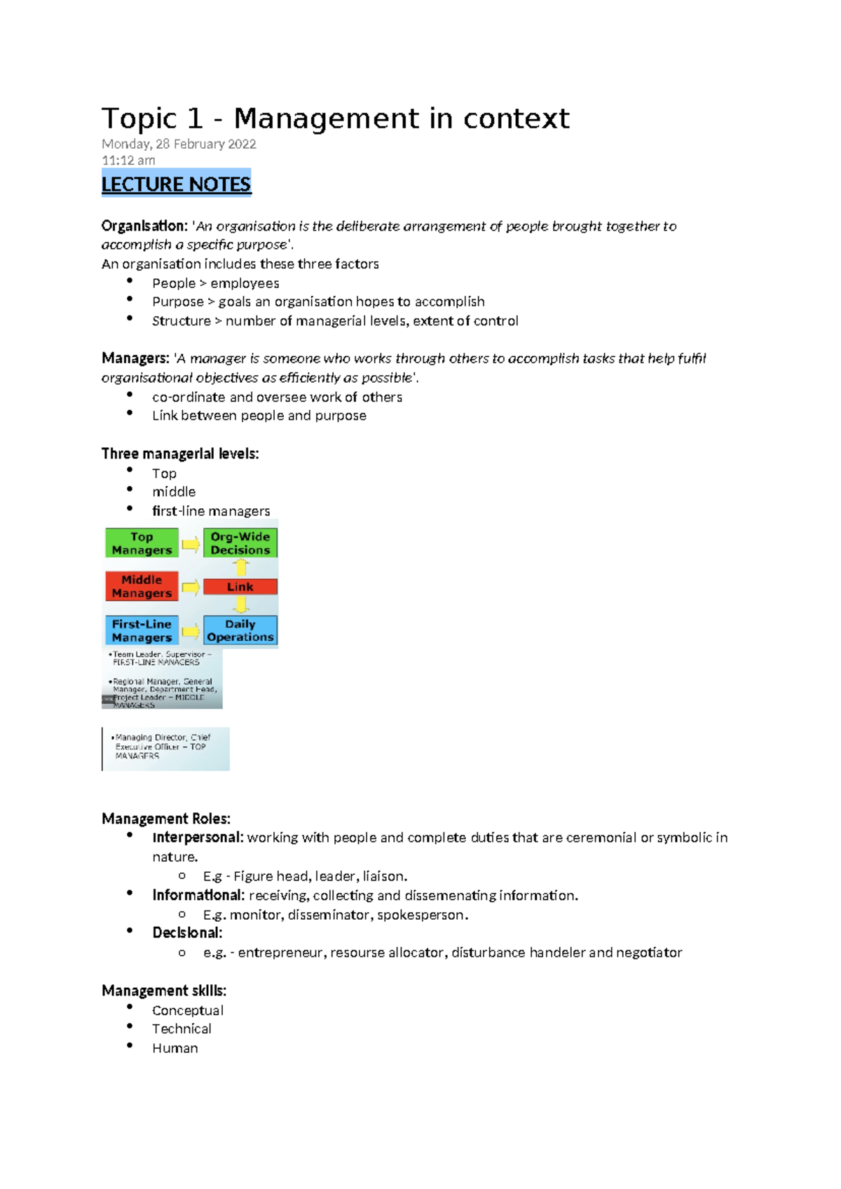 Topic 1 intro to mngmt - Topic 1 - Management in context Monday, 28 February 2022 11:12 am ...