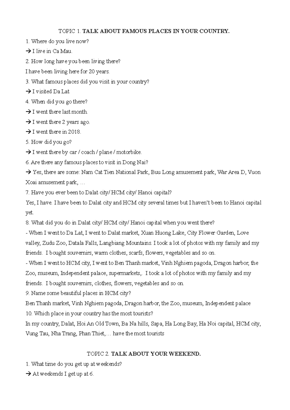 10 Speaking Topics - TAHP2 - TOPIC 1. TALK ABOUT FAMOUS PLACES IN YOUR ...