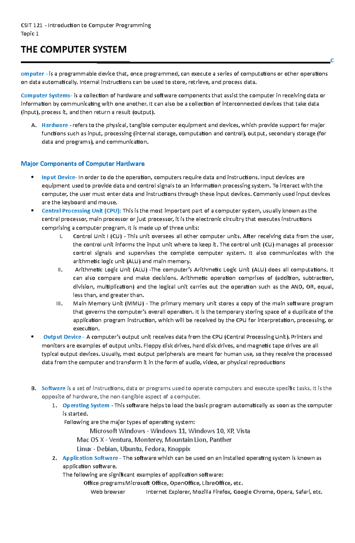Computer Systems - definitions - CSIT 121 - Introduction to Computer Programming Topic 1 THE ...