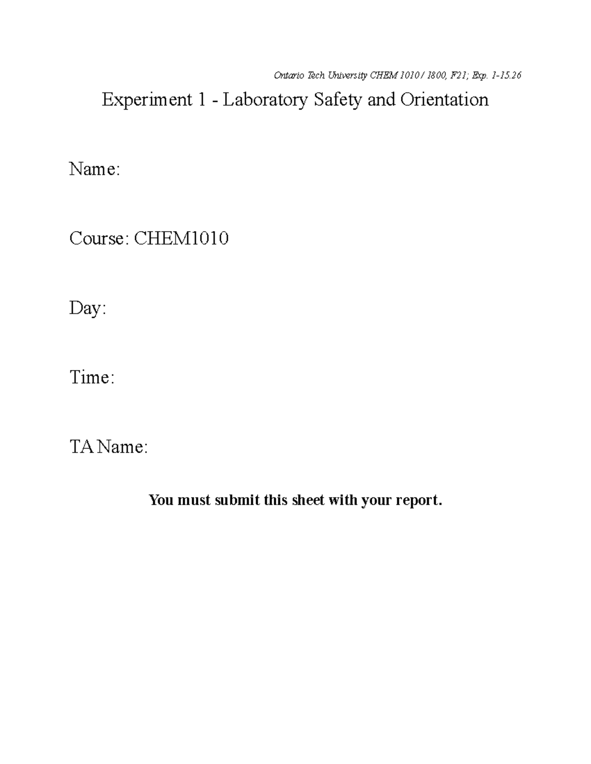 CHEM1010U Experiment #1 Laboratory Safety and Orientation - Experiment ...