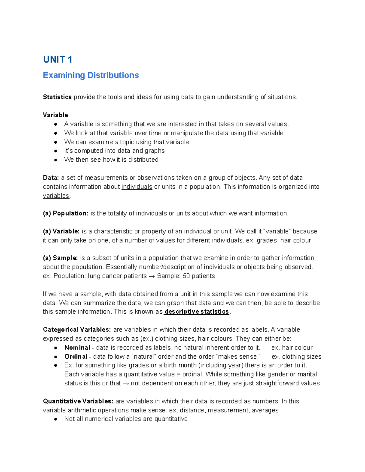 Unit 1 - UNIT 1 Examining Distributions Statistics provide the tools and ideas for using data to ...