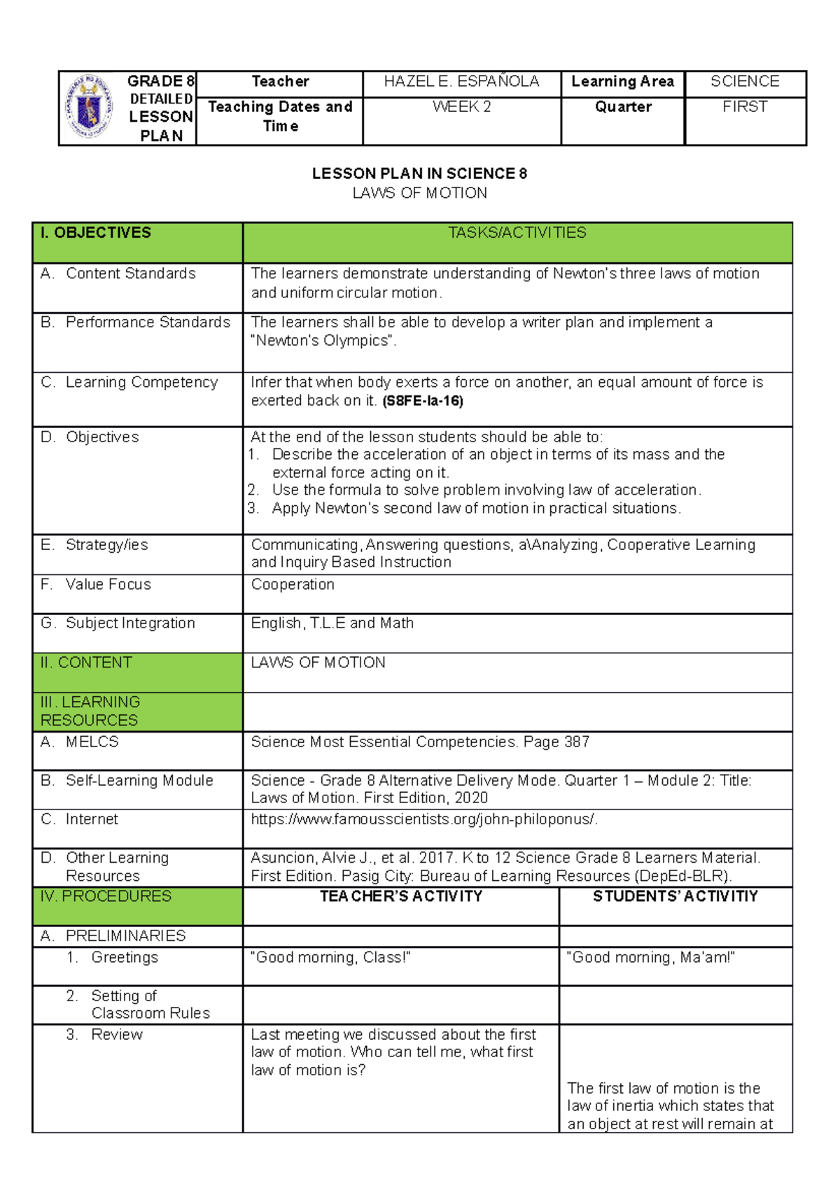 DEMO Law of Acceleration 8 - GRADE 8 DETAILED LESSON PLAN Teacher HAZEL ...