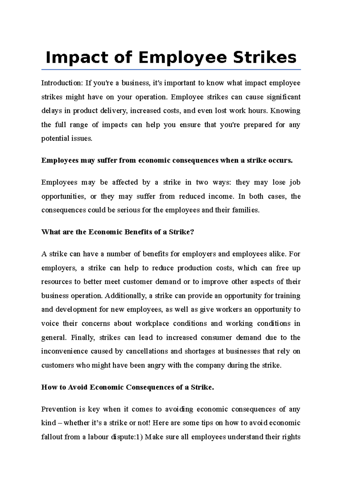Impact of Employee Strikes - Impact of Employee Strikes Introduction ...