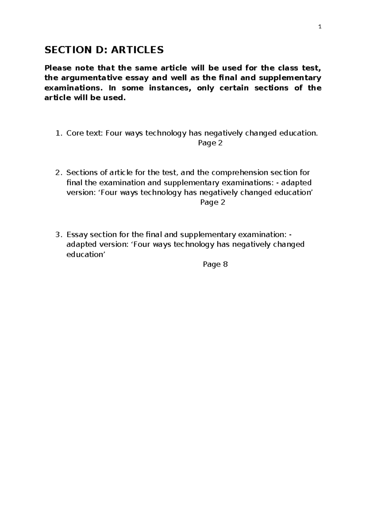 Section D Articles - SECTION D: ARTICLES Please note that the same ...