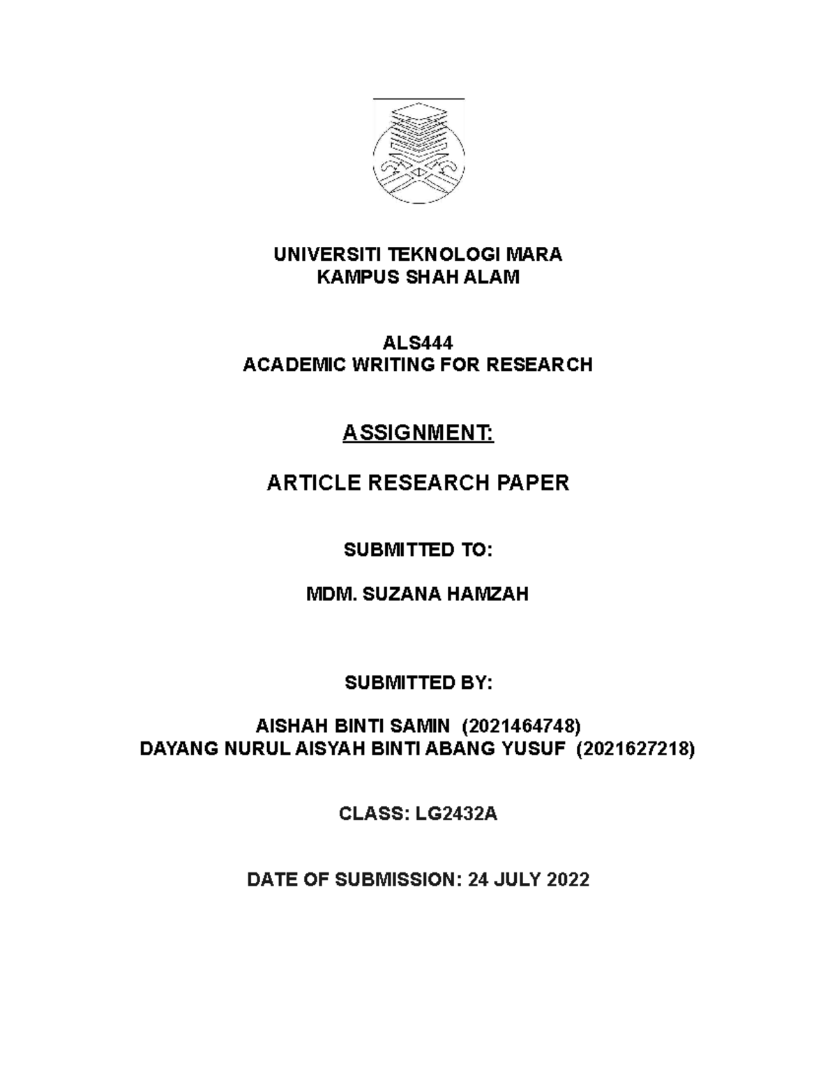 ALS444 Academic Research Paper - UNIVERSITI TEKNOLOGI MARA KAMPUS SHAH ...