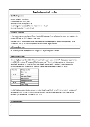 Psychodiagnostisch rapport voorbeeld - Psychodiagnostisch verslag Identificatiegegevens Naam ...