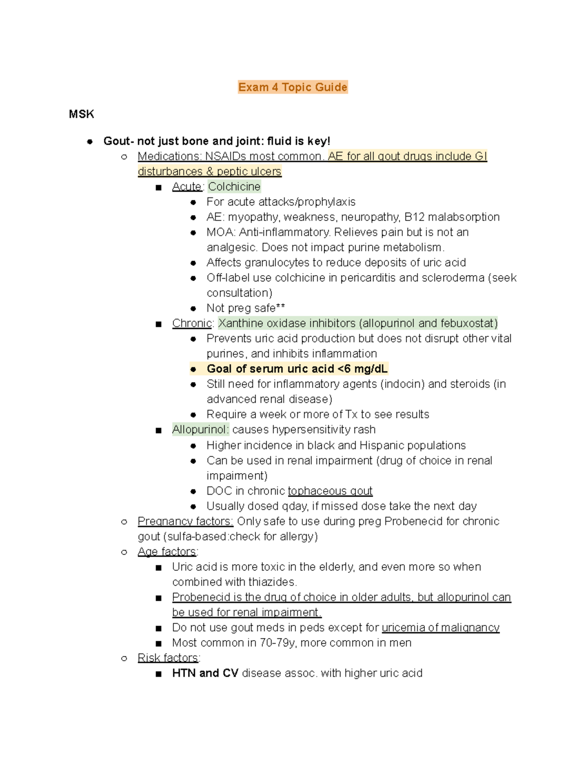 Exam 4 Topic Guide - Exam 4 Topic Guide MSK Gout- not just bone and ...