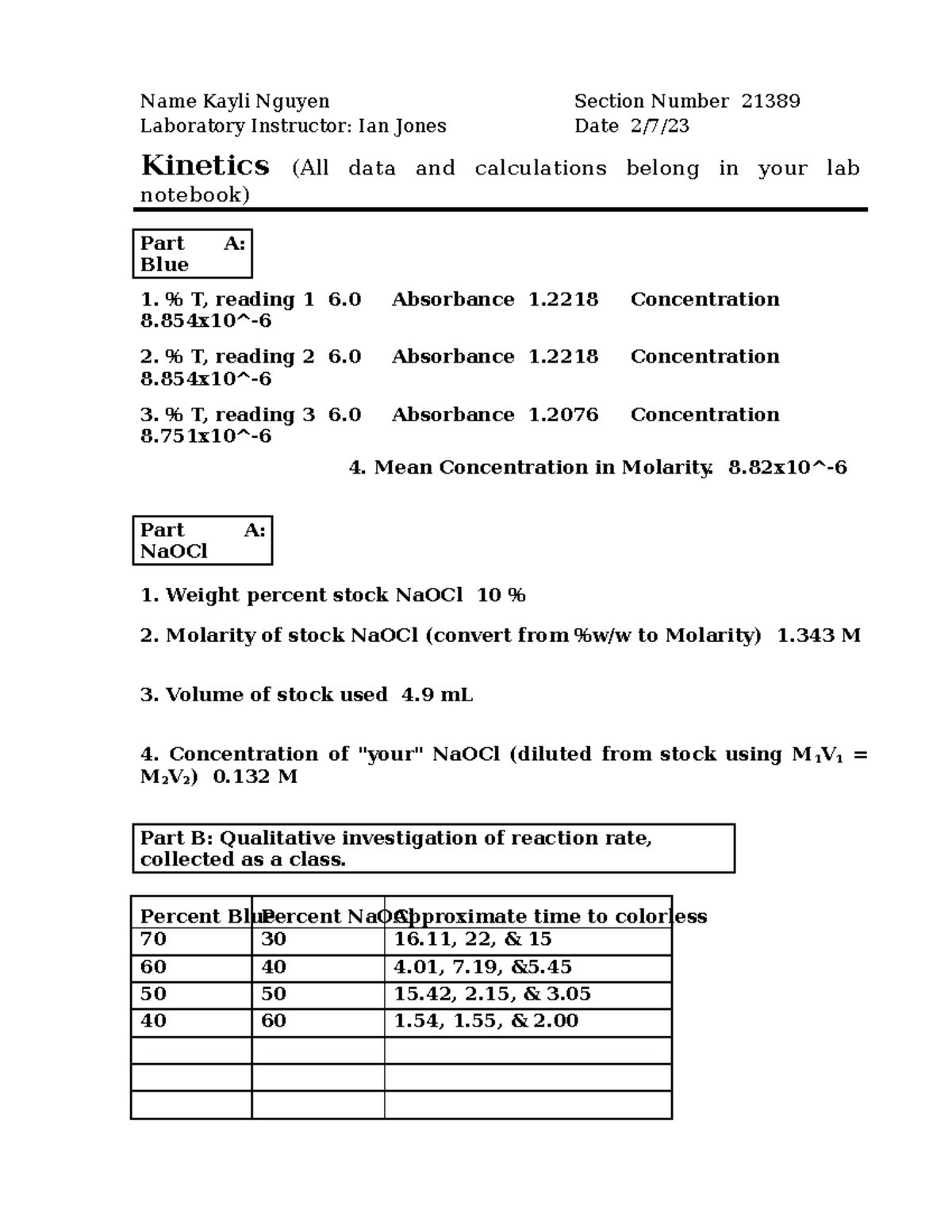 Kinetics Report Sheet - Name Kayli Nguyen Section Number 21389 ...