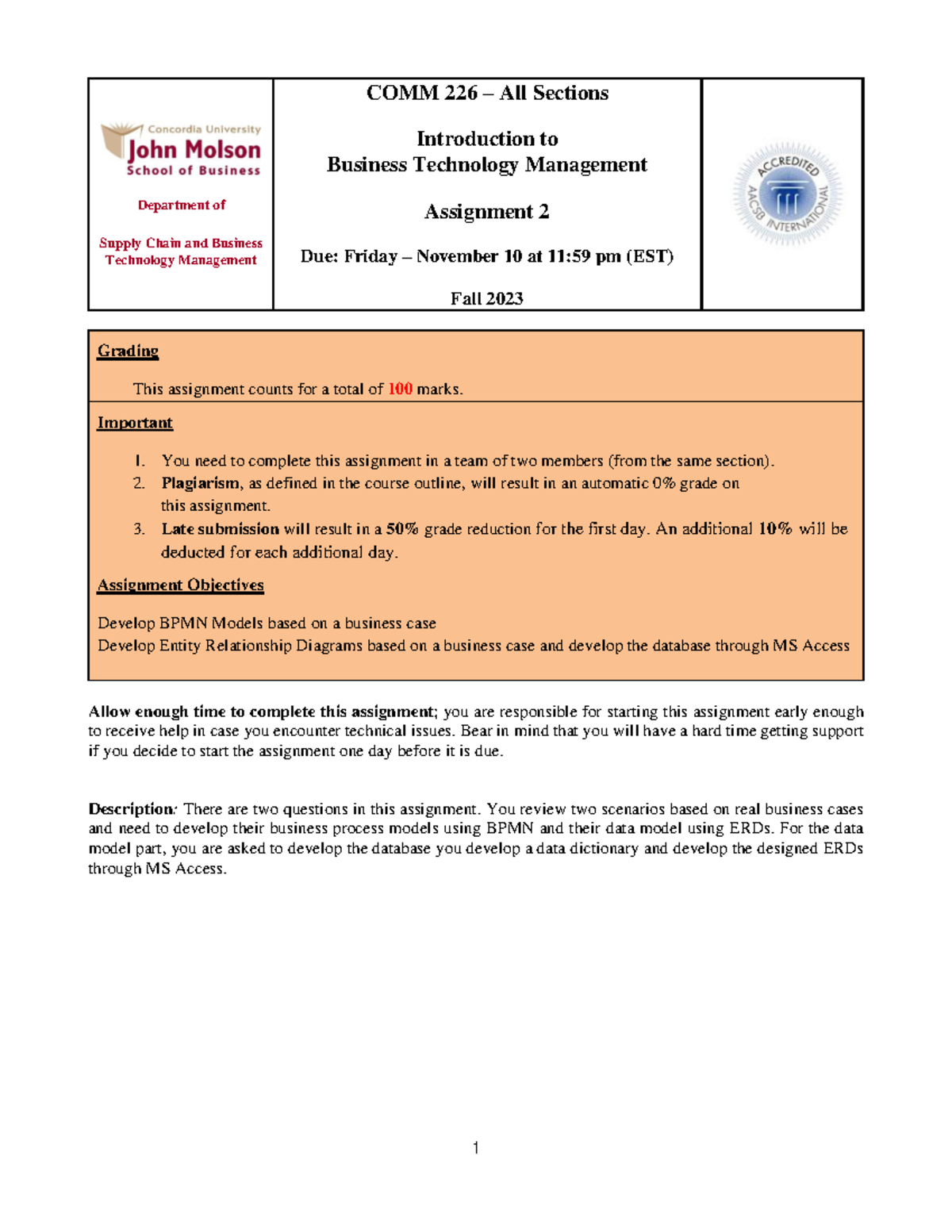Assignment 2 Instructions - F23 - Department of Supply Chain and Business Technology Management ...