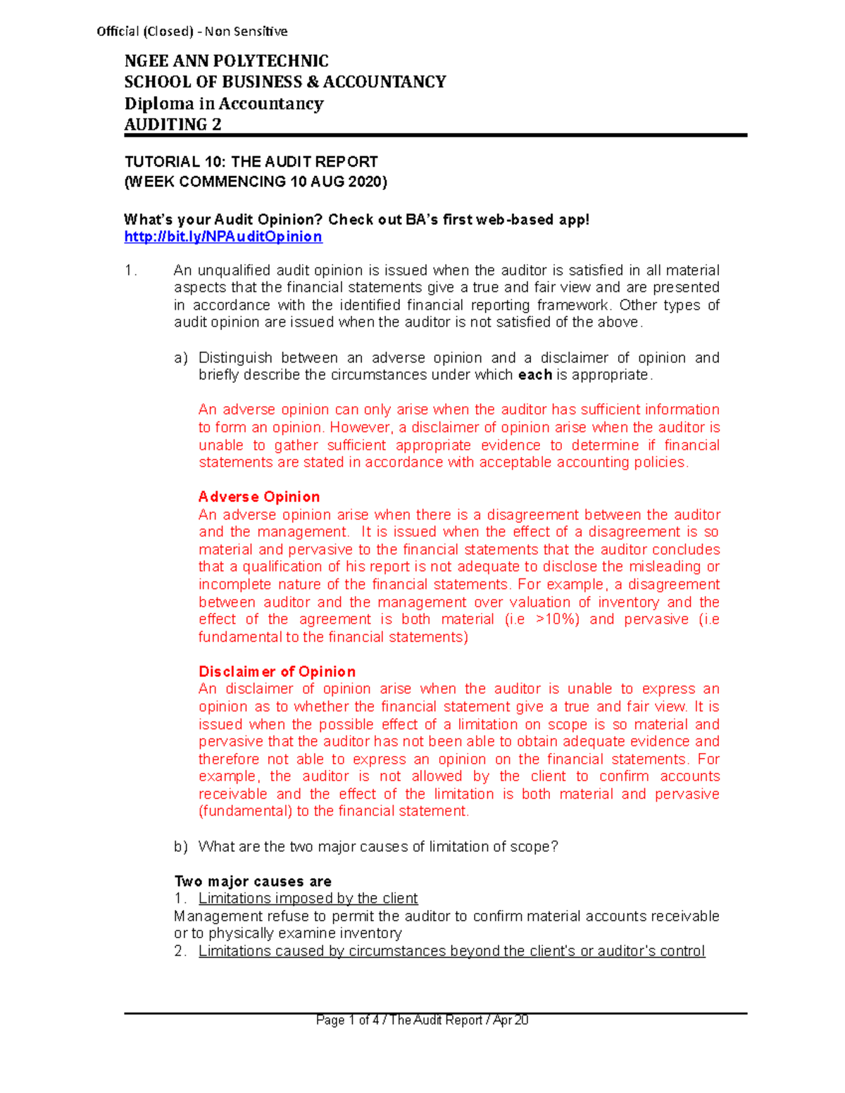 Tutorial 10 Audit Report (Apr 20) Audit 2 - NGEE ANN POLYTECHNIC SCHOOL ...