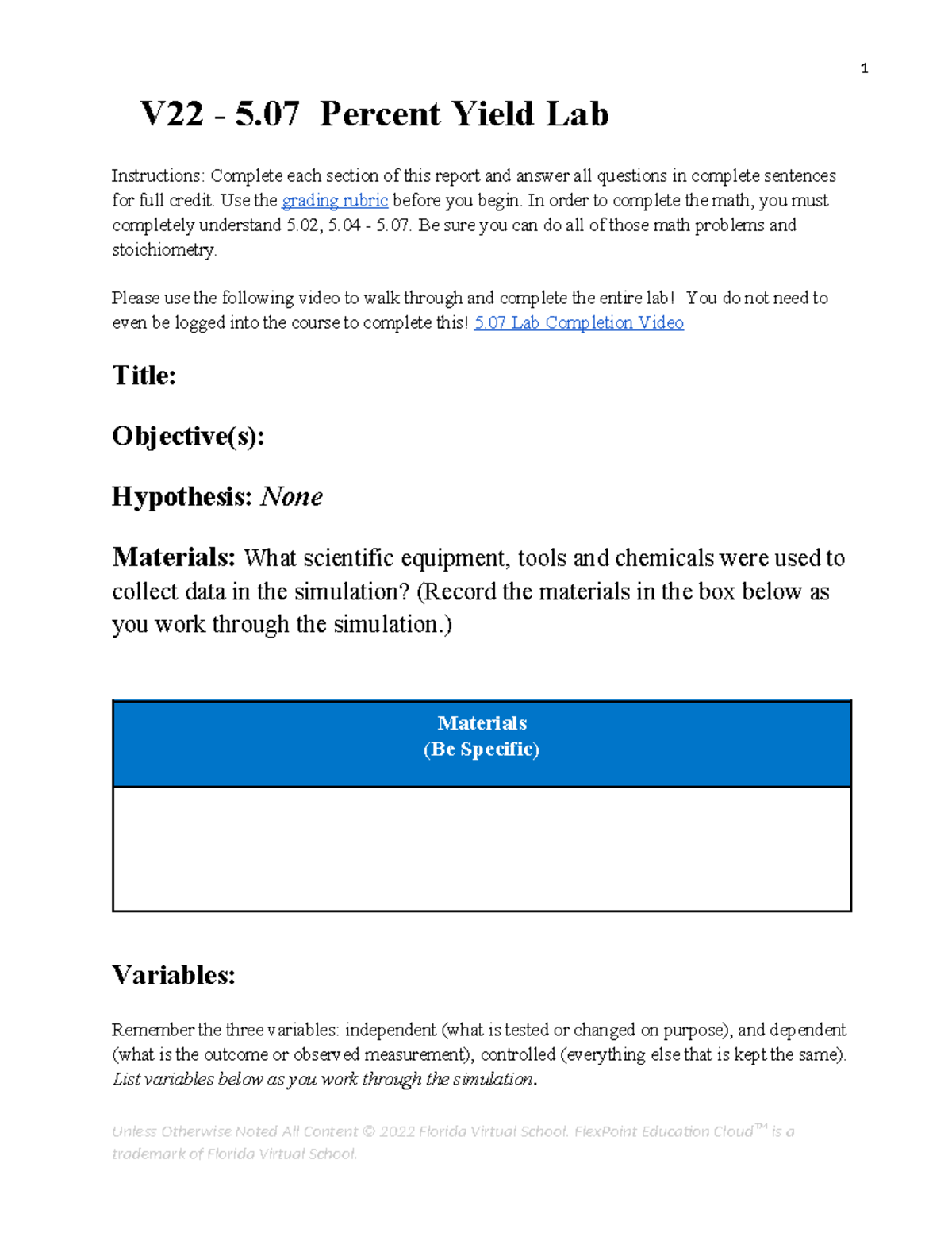 Copy of 5.07 Percent Yield Lab Report - V22 - 5 Percent Yield Lab ...