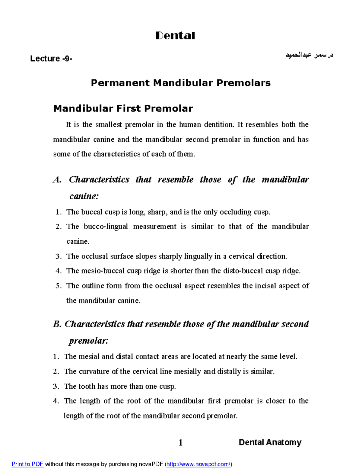 Lecture 9 Mand 1st Premolar - 1 Dental Anatomy Lecture -9- Dental ...