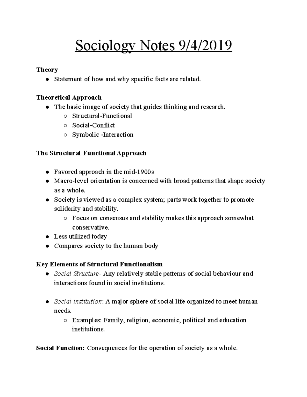 Sociology Notes 9 4 2019 - Sociology Notes 9/4/ Theory Statement of how ...
