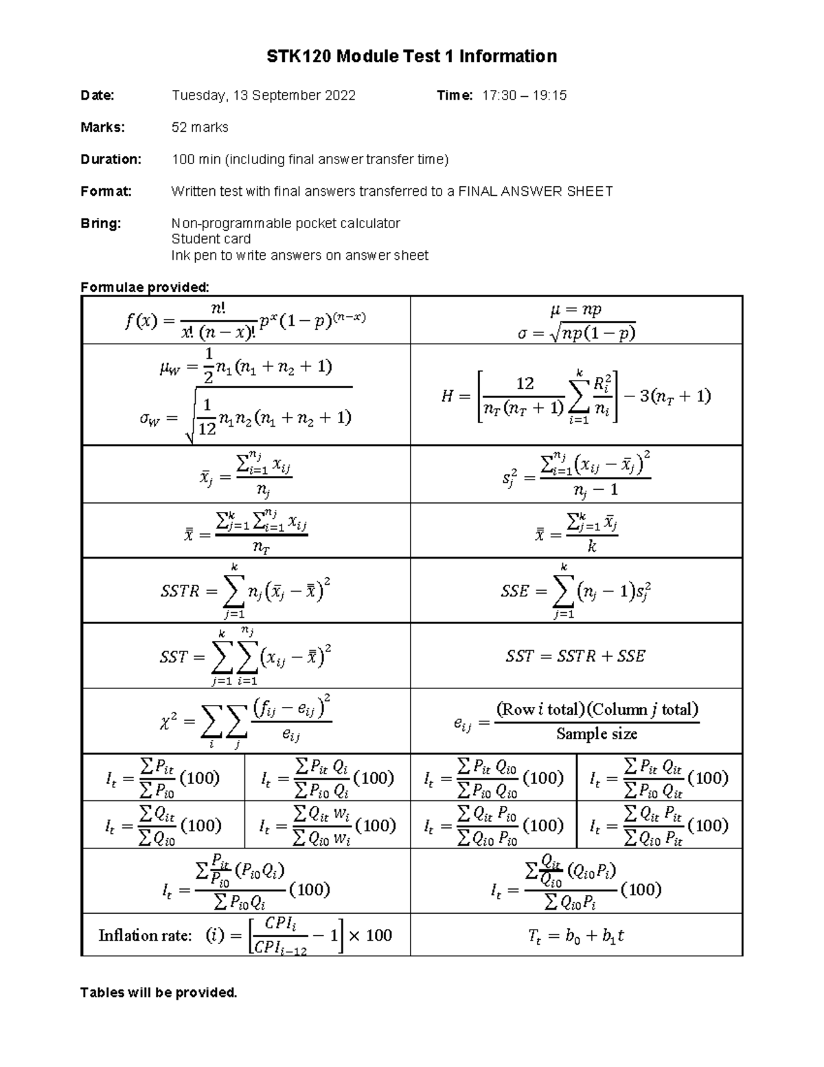 STK120 - Module Test 1 Information - 2022 - STK120 Module Test 1 ...