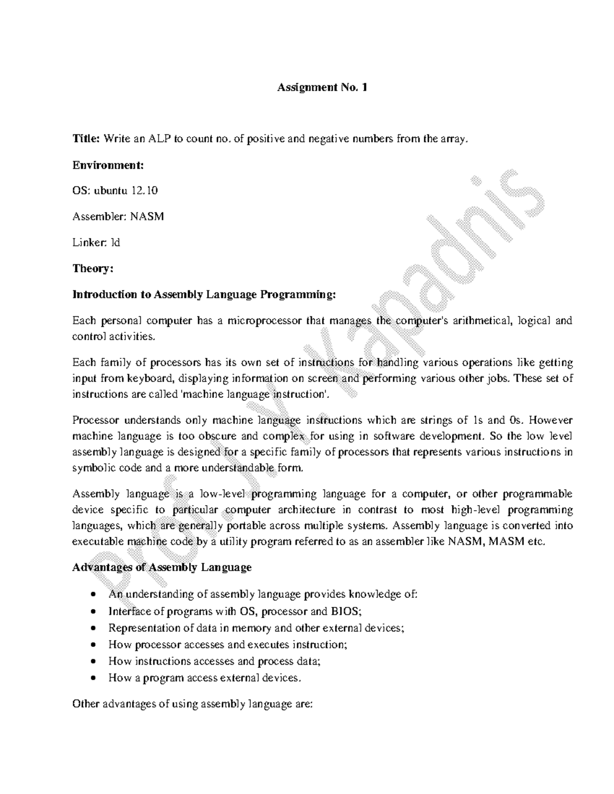 MP mannual 2019 patt - Assignment No. 1 Title: Write an ALP to count no ...