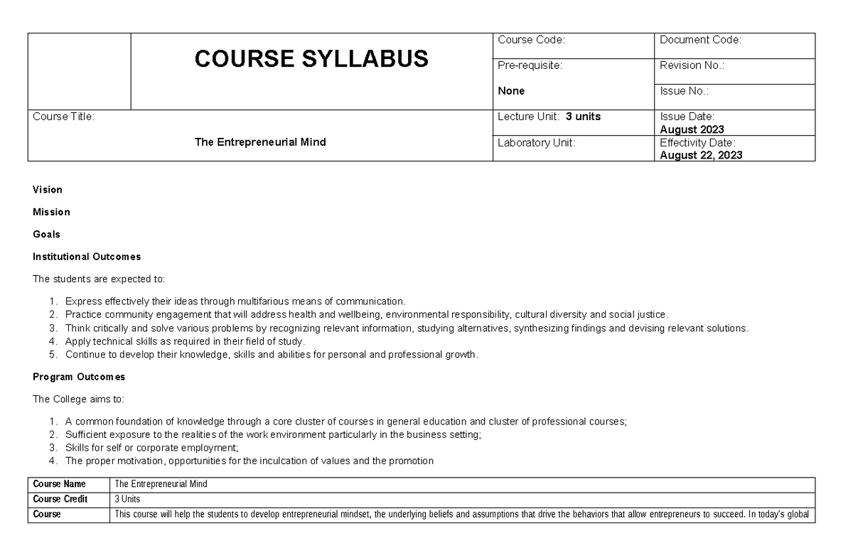 Entrepreneurial Mind Syllabi - COURSE SYLLABUS Course Code: Document ...