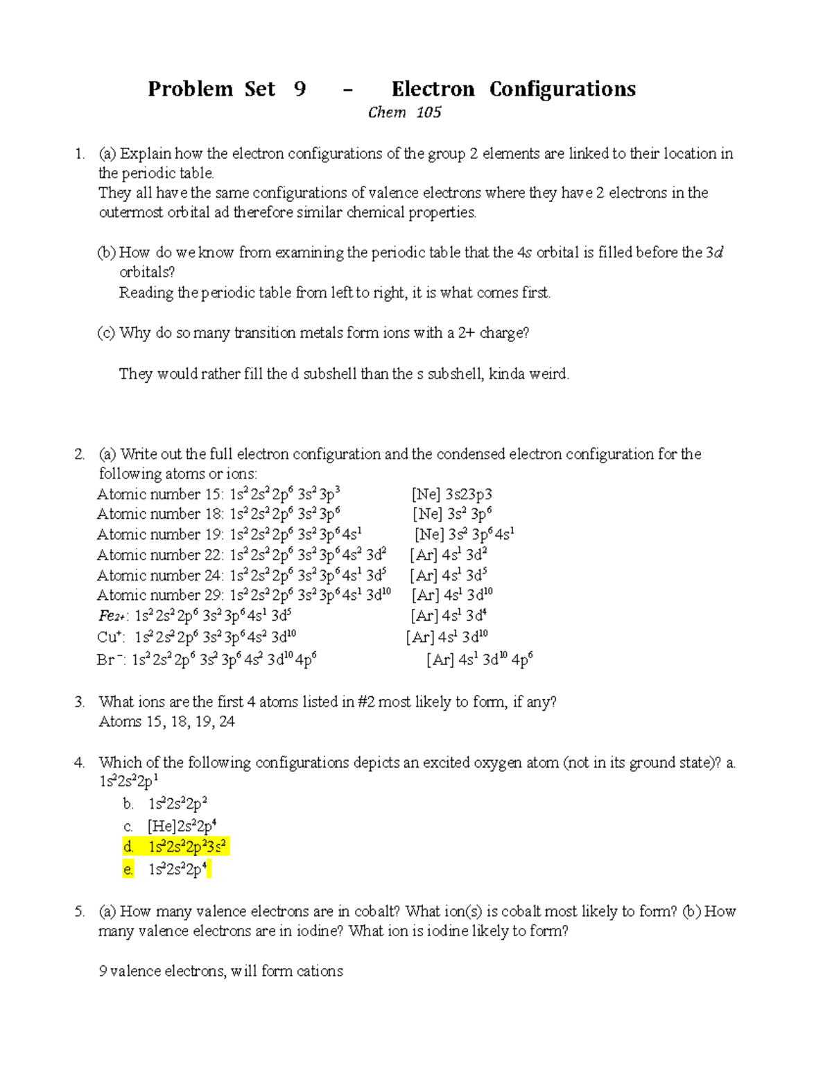 Chem 105 Problem Set 9 - PS 9 - Problem Set 9 – Electron Configurations ...