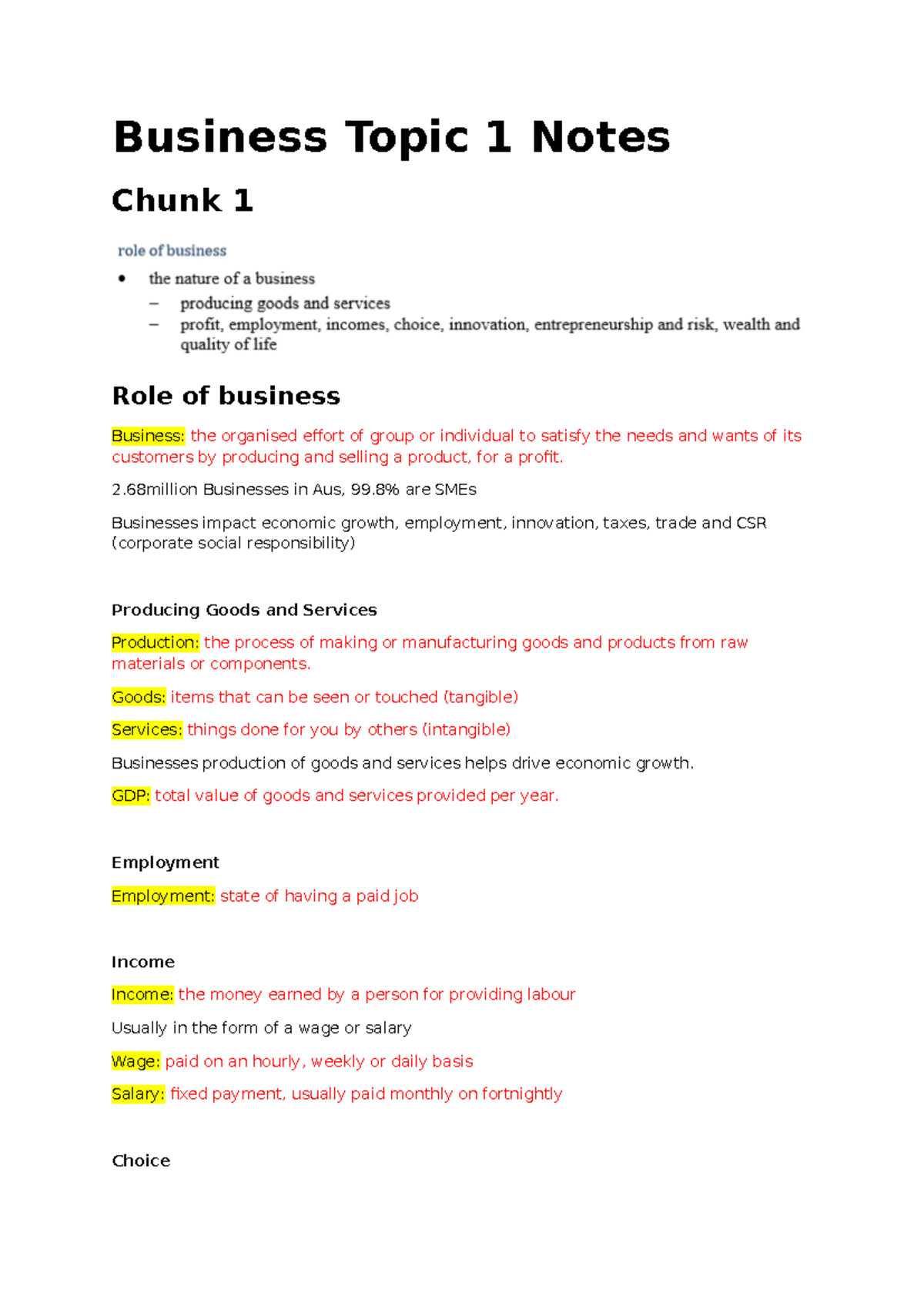Business Topic 1 Notes - Business Topic 1 Notes Chunk 1 Role of ...
