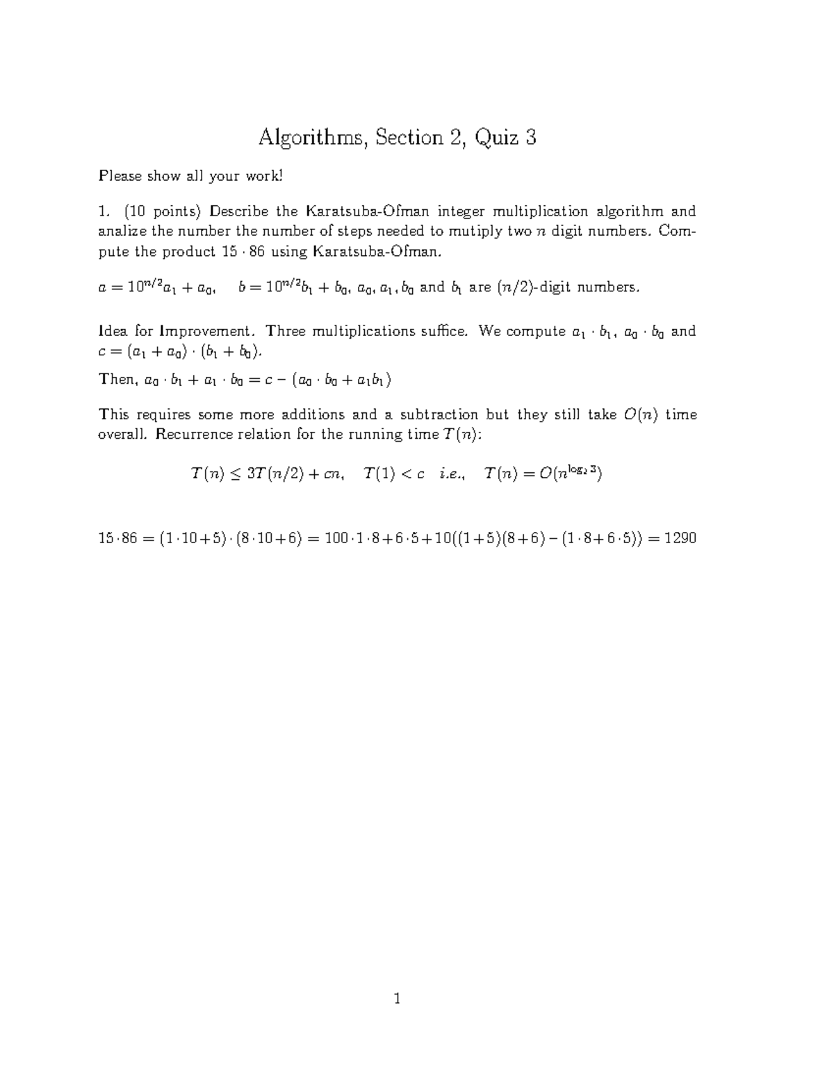 Quiz3 Section 2 Solutions Algorithms Section 2 Quiz 3 Please Show All Your Work 10 Points