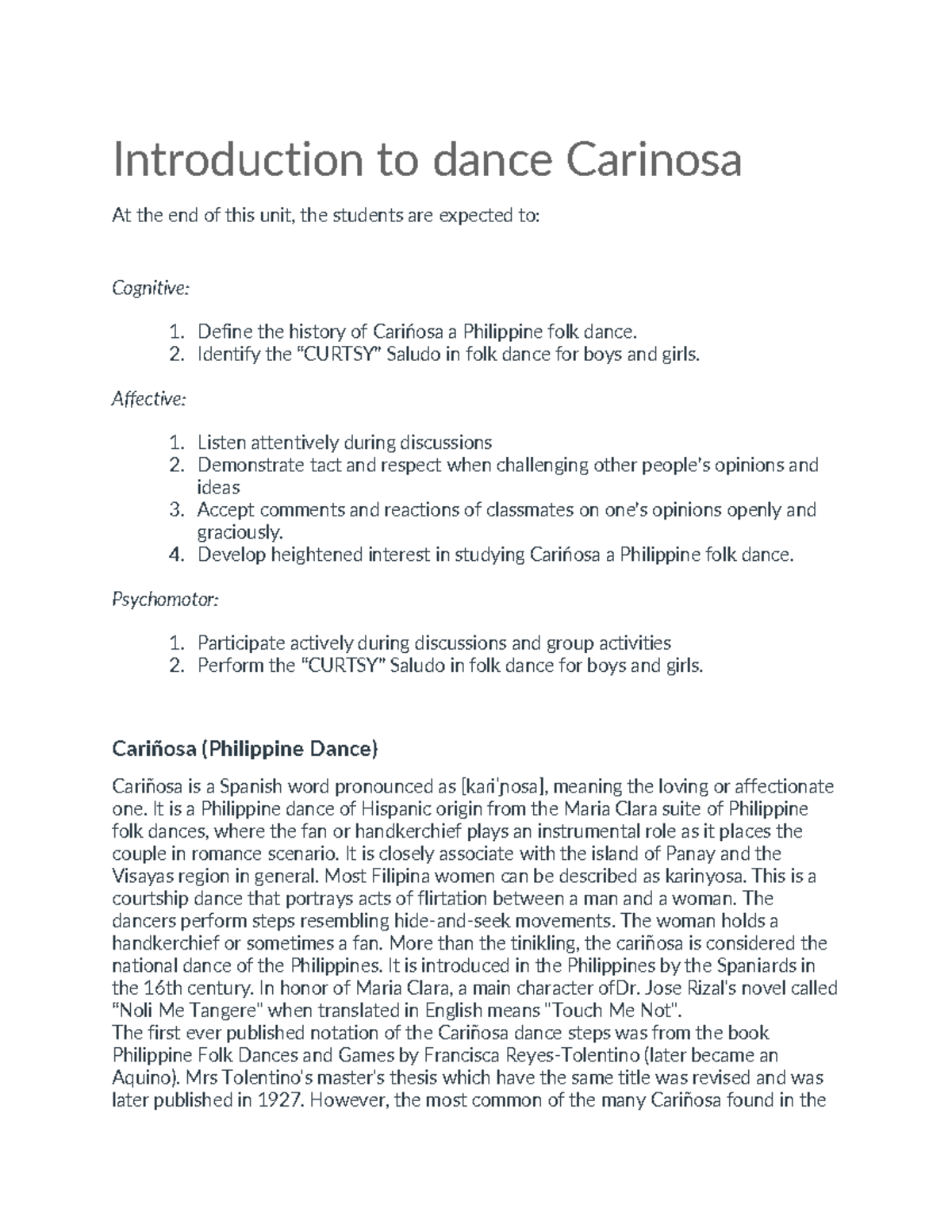 Introduction to dance Carinosa - Define the history of Carińosa a ...