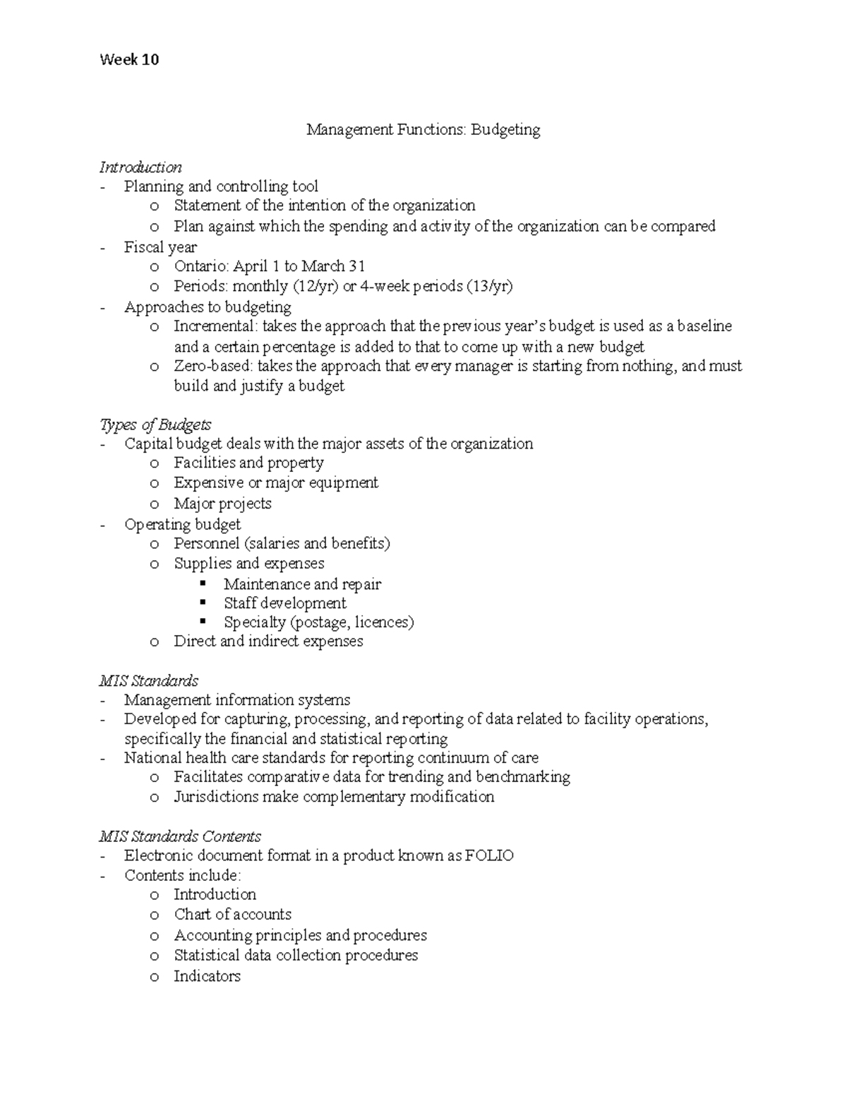 Week 10 budgeting lecture notes - Week 10 Management Functions ...