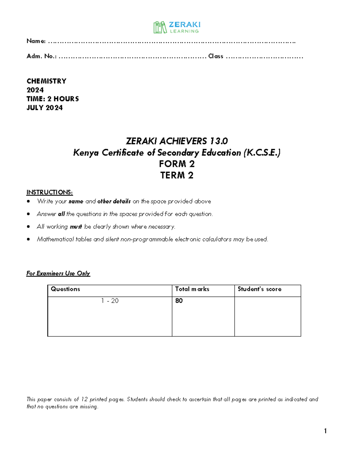 Chem questions - It's good for revision - Name: - Studocu
