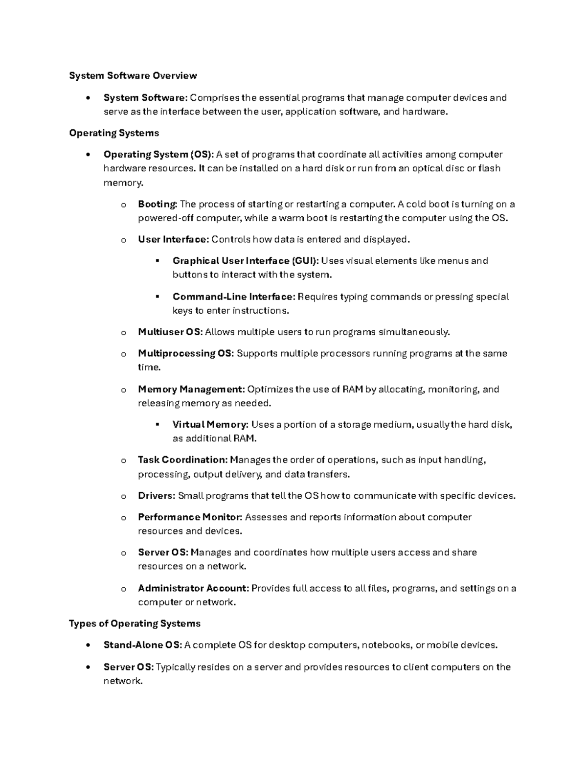 System Software Overview - Operating Systems - Operating System (OS): A ...