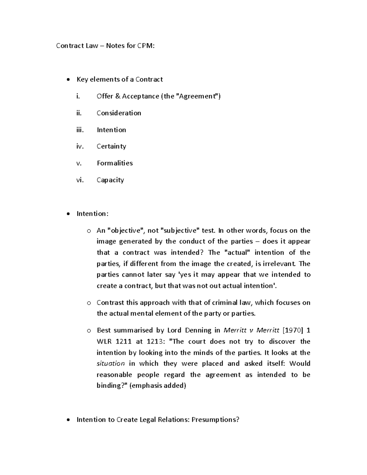 Contract Notes - Contract Law – Notes for CPM: ∑ Key elements of a ...