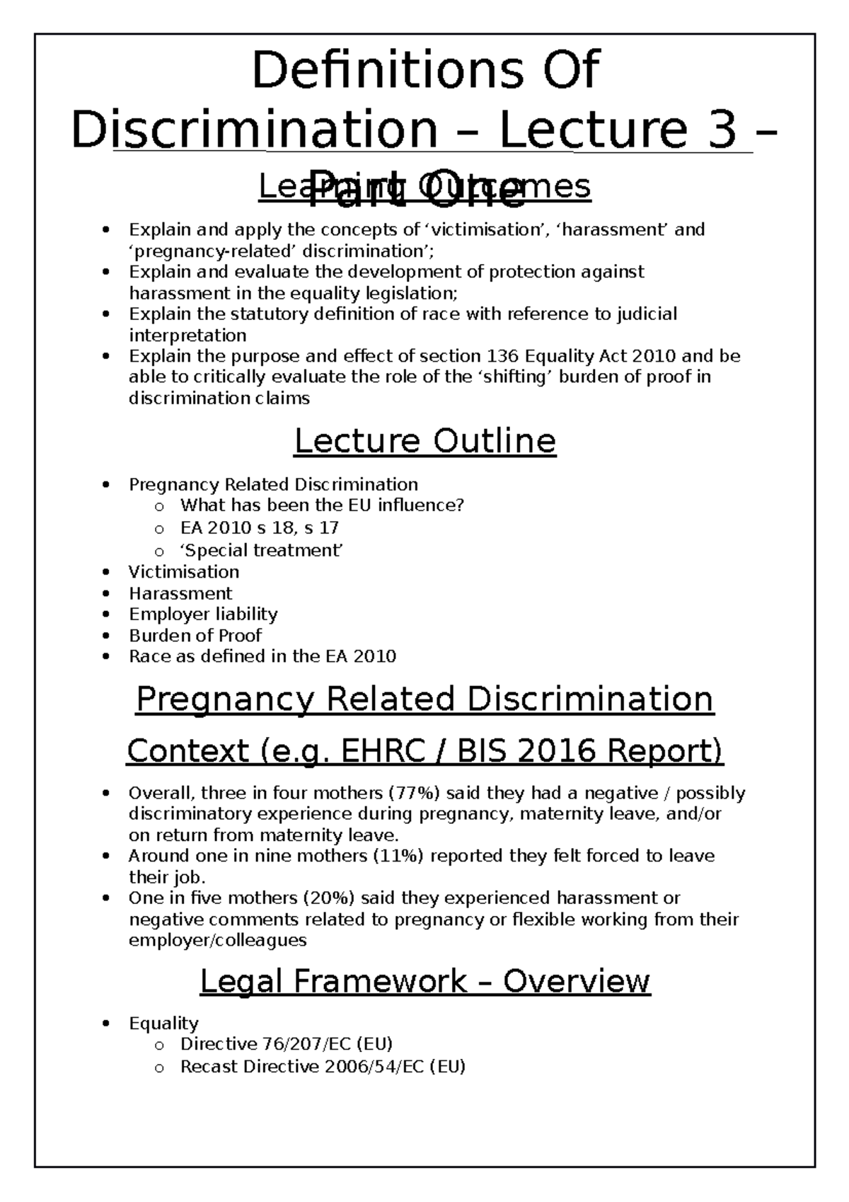 Discrimination & Law Lecture 3 - Learning Outcomes Explain and apply ...