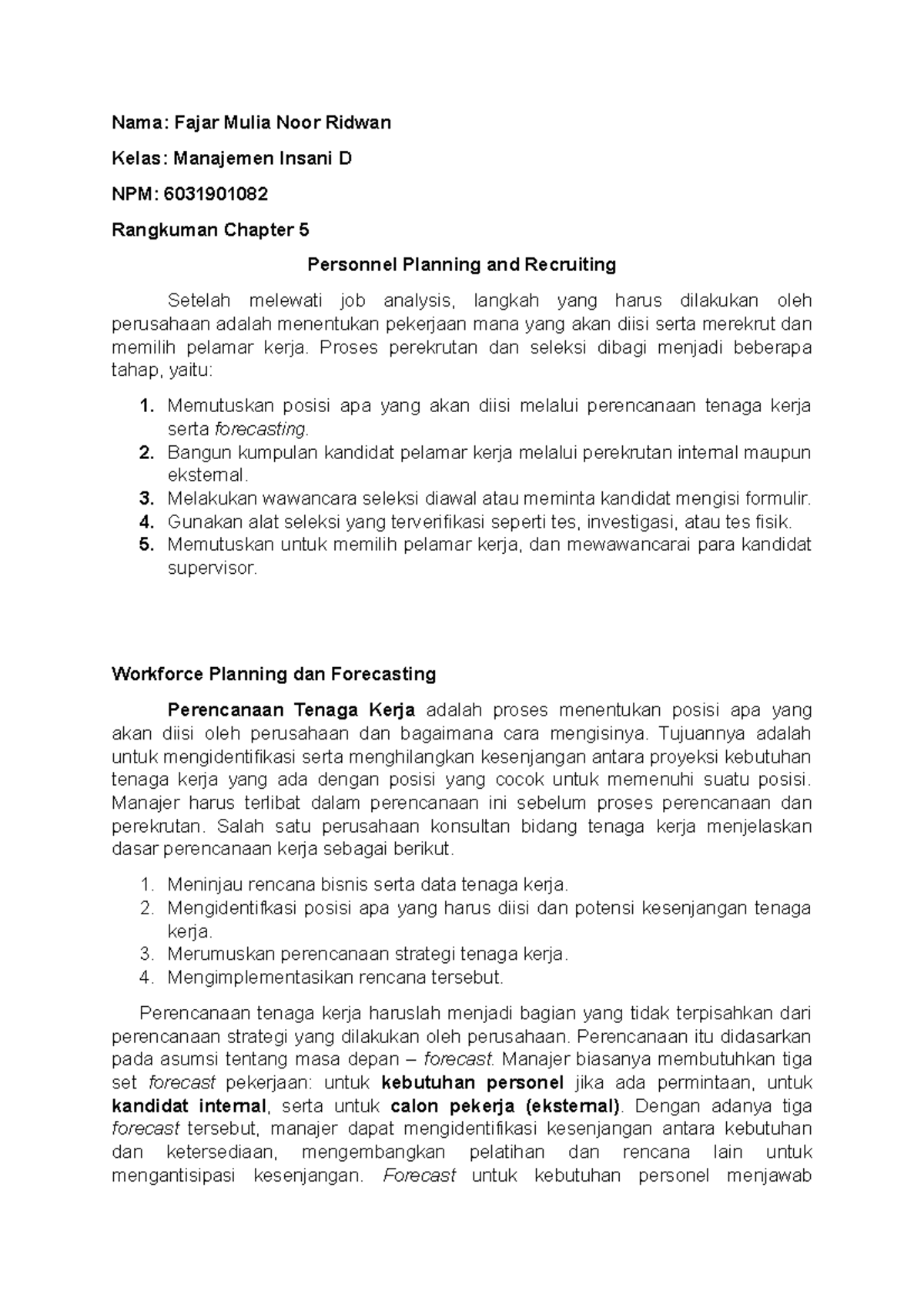 Personnel Planning and Recruiting - Nama: Fajar Mulia Noor Ridwan Kelas ...