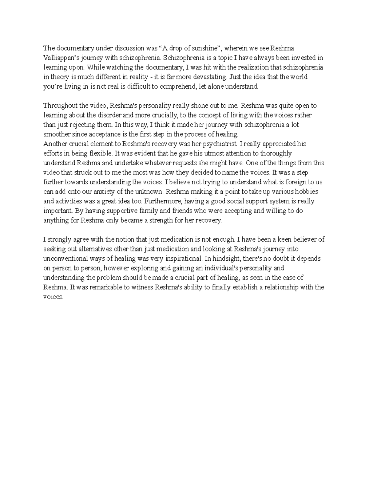 Reflective Essay - The documentary under discussion was “A drop of ...