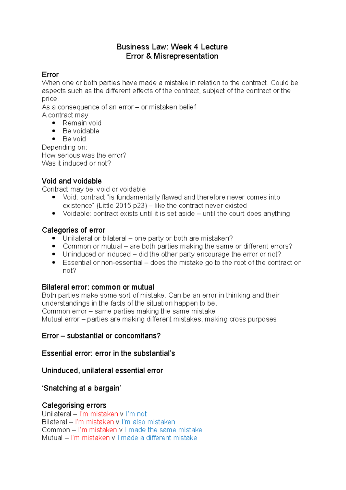 Error & Misrepresentation - Business Law: Week 4 Lecture Error ...