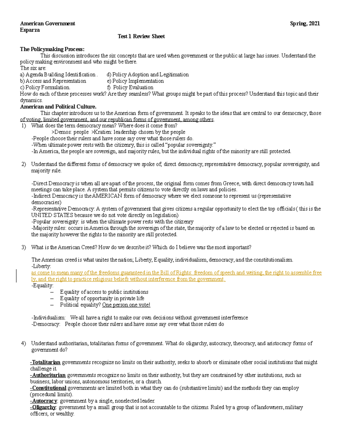 US POL Test 1 Review - American Government Spring, 2021 Esparza Test 1 ...