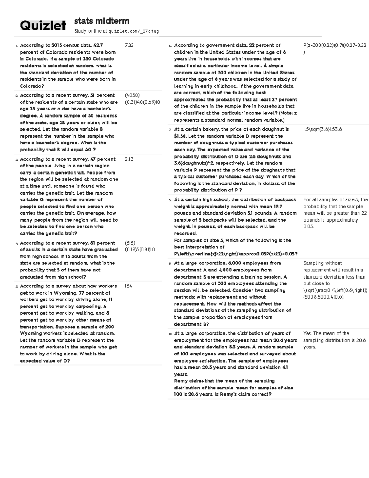 Midterm study guide - Stats introductory class - 1 to 2015 census data ...