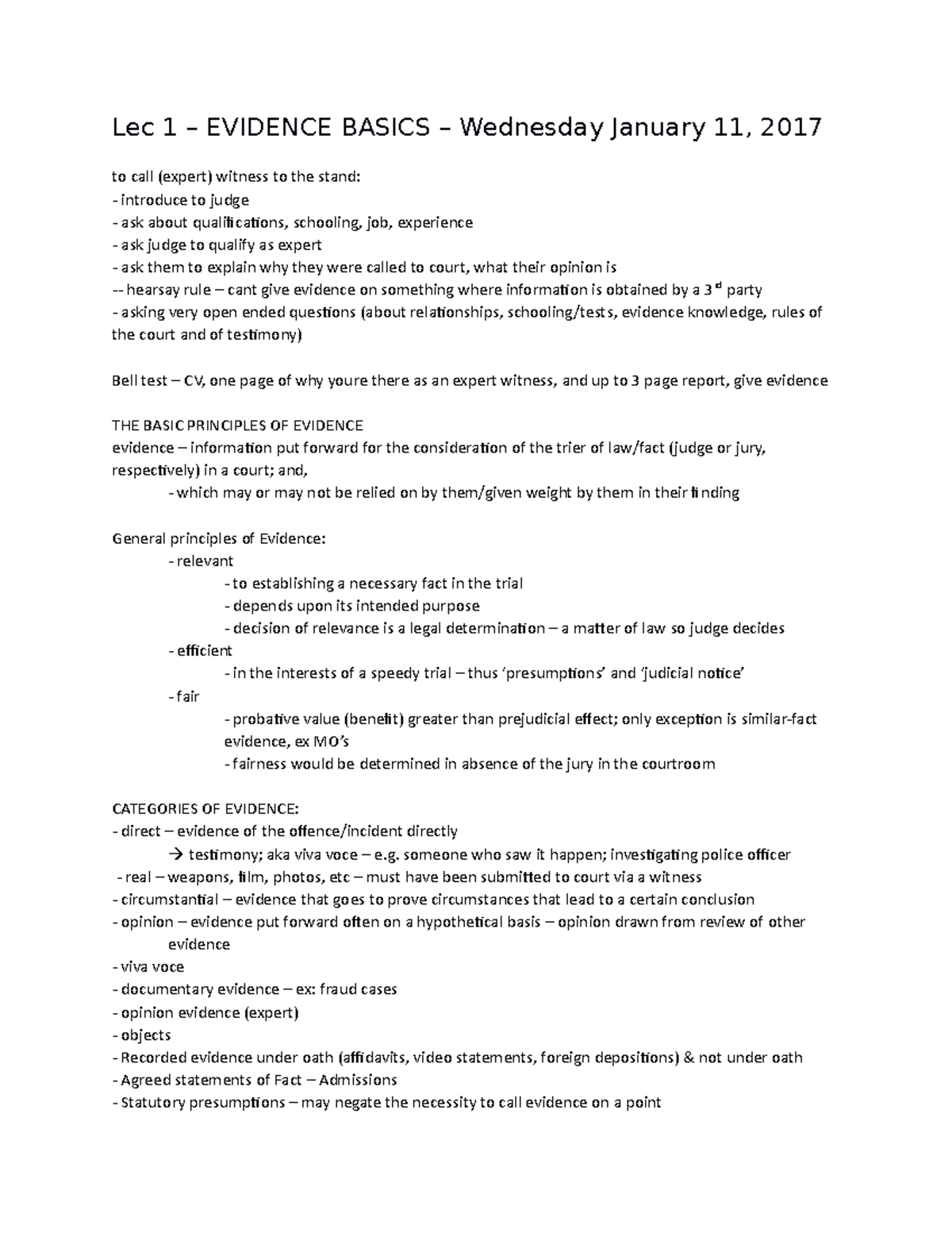 Lec 1 - intro and evidence - Lec 1 – EVIDENCE BASICS – Wednesday ...