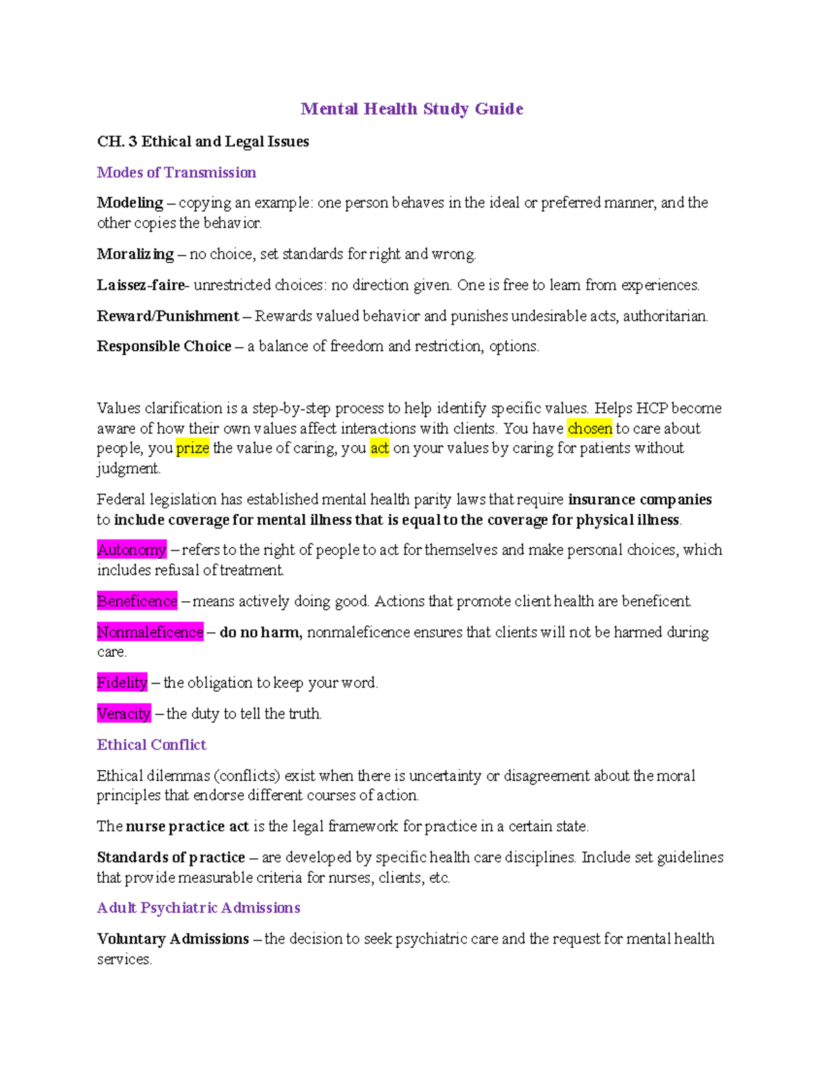 Mental Health Study Guide - 3 Ethical and Legal Issues Modes of ...