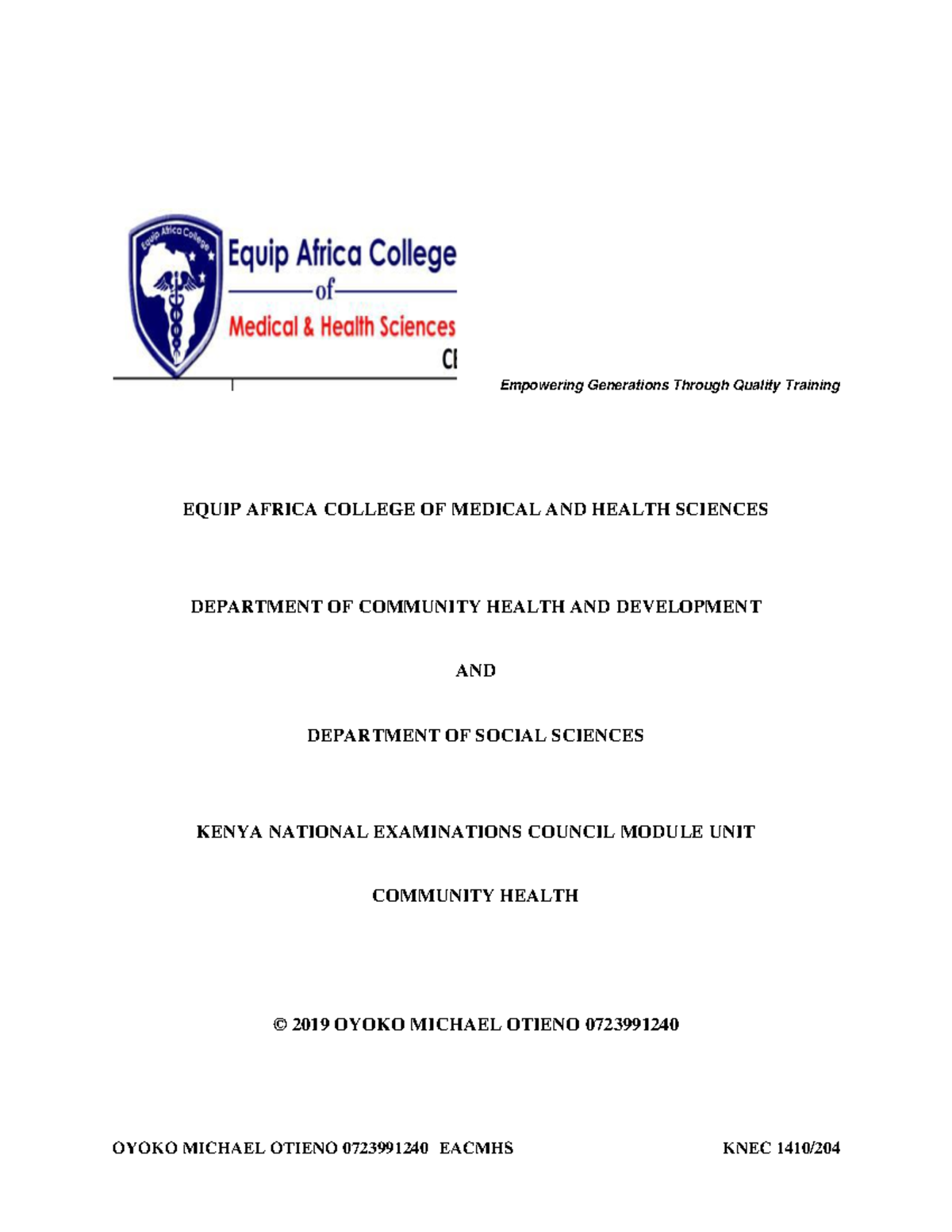 Community Health Lecture Notes - Empowering Generations Through Quality ...