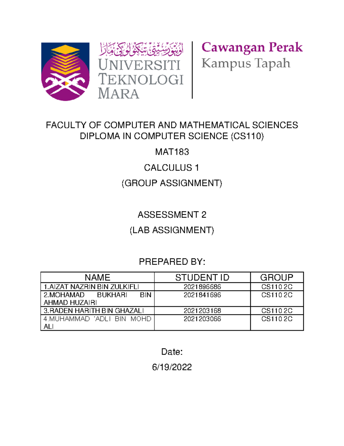 Assessment 2 Lab Assignment MAT183 - FACULTY OF COMPUTER AND ...
