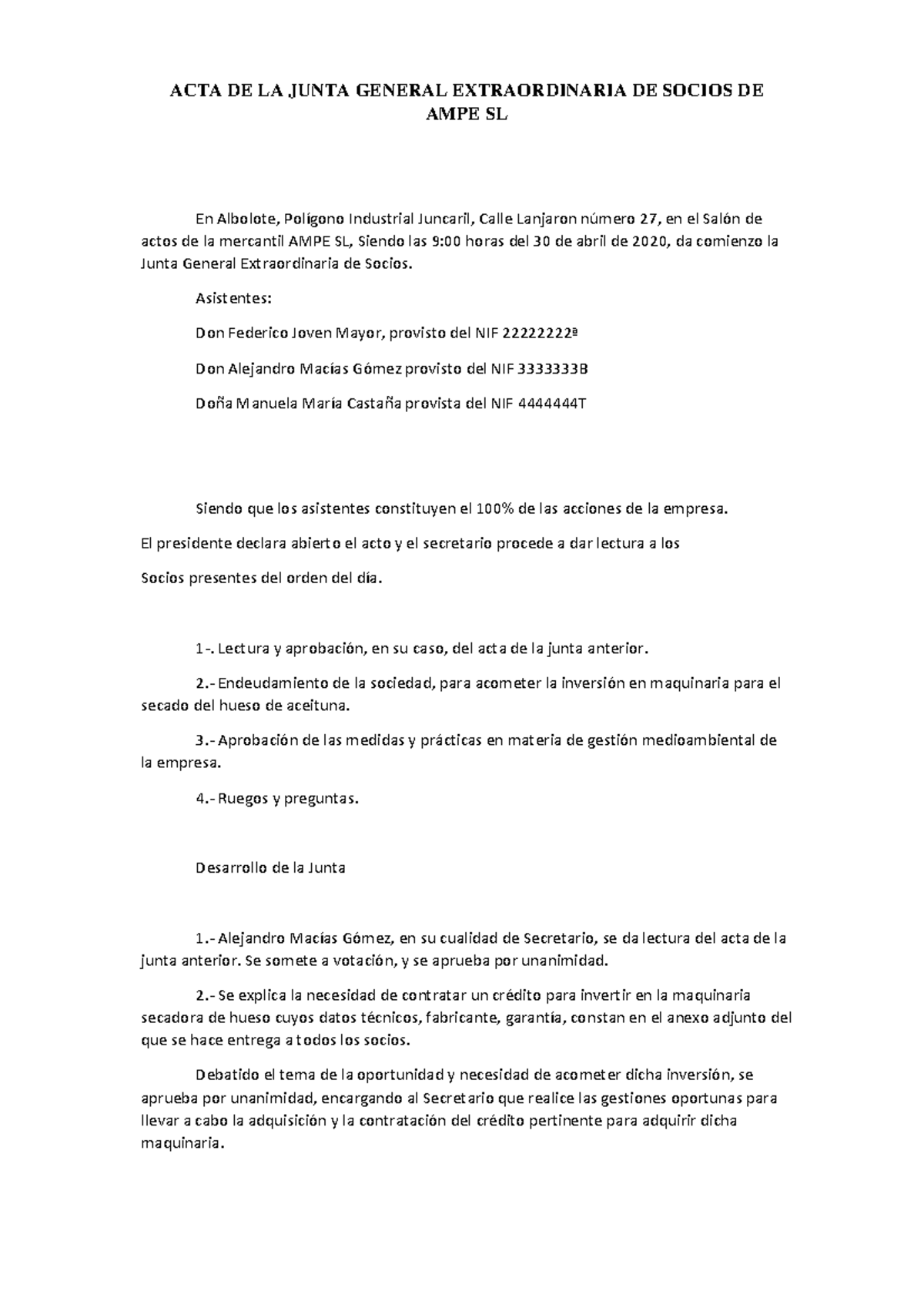 ACTA DE LA Junta General Extraordinaria DE Socios DE AMPE SL-Jade ...
