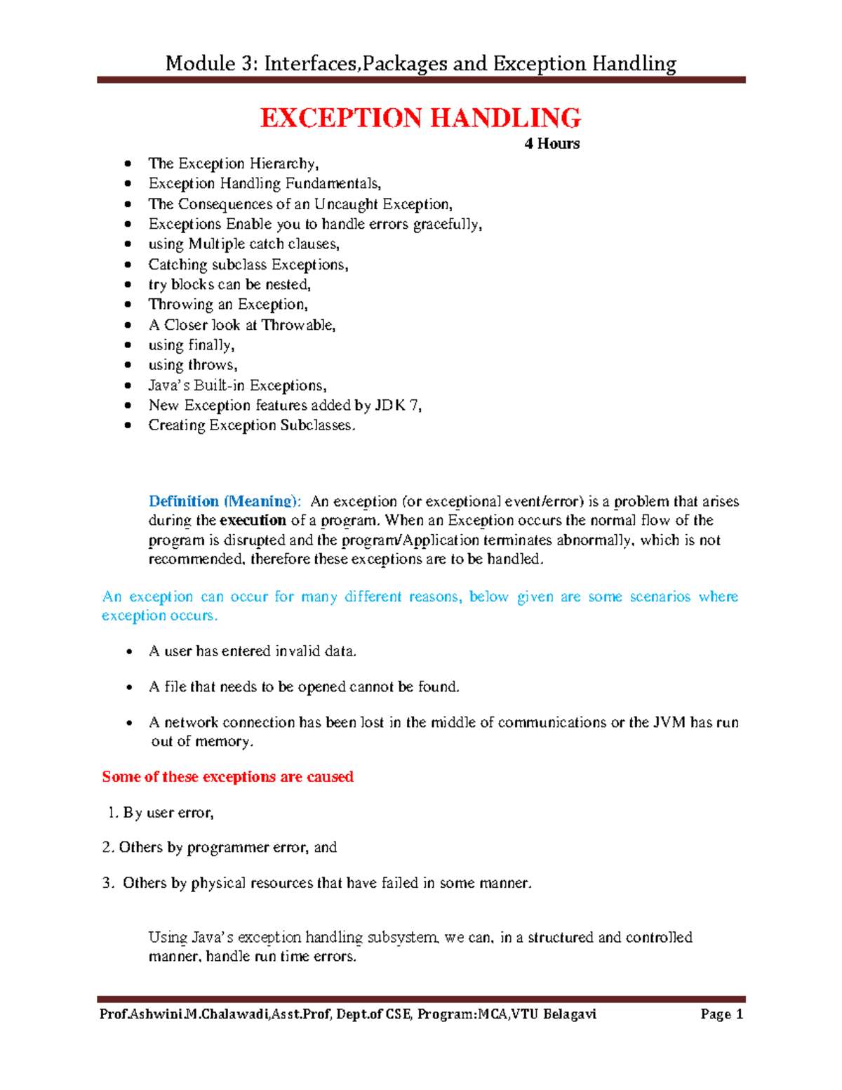 Exception Handling 1 - mca - EXCEPTION HANDLING The Exception Hierarchy, 4 Hours Exception - Studocu