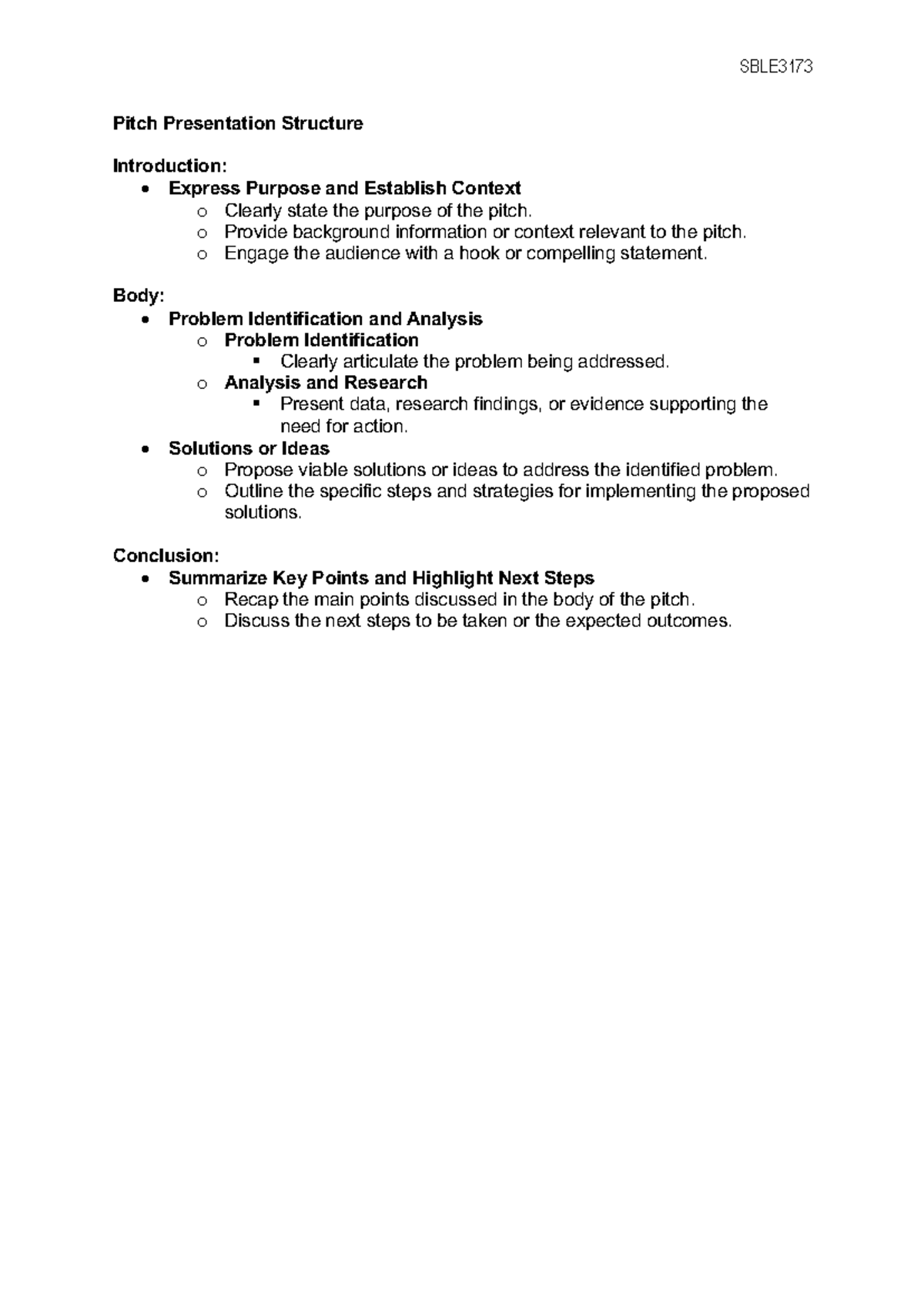 Pitch Presentation Structure - SBLE Pitch Presentation Structure ...