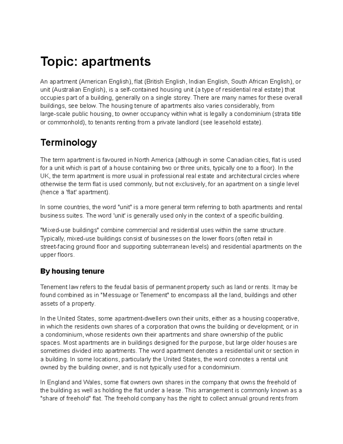 Topic apartments - essay samples - Topic: apartments An apartment ...