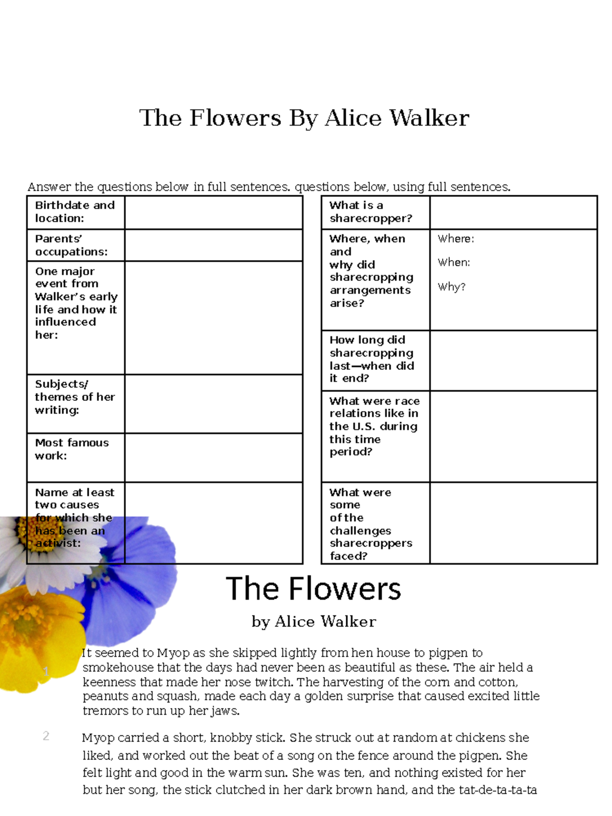 The Flowers Alice Walker - 1 2 The Flowers By Alice Walker Answer the ...