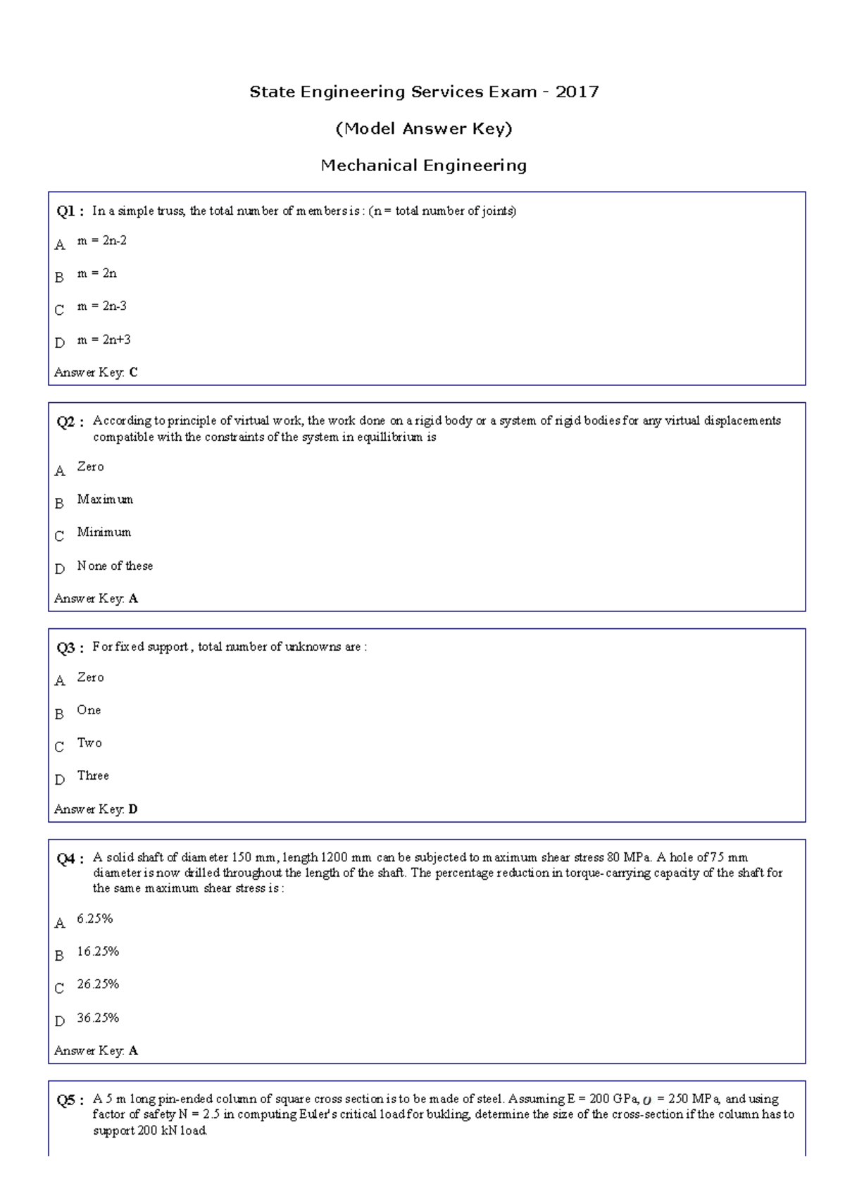 Mechanical Engineering - State Engineering Services Exam - 2017 (Model ...