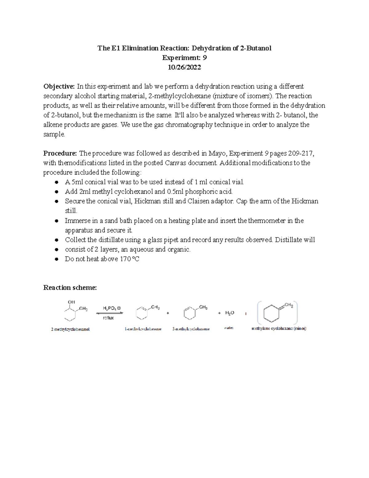 The E1 Elimination Reaction Dehydration of 2-Butanol. - The E1 ...
