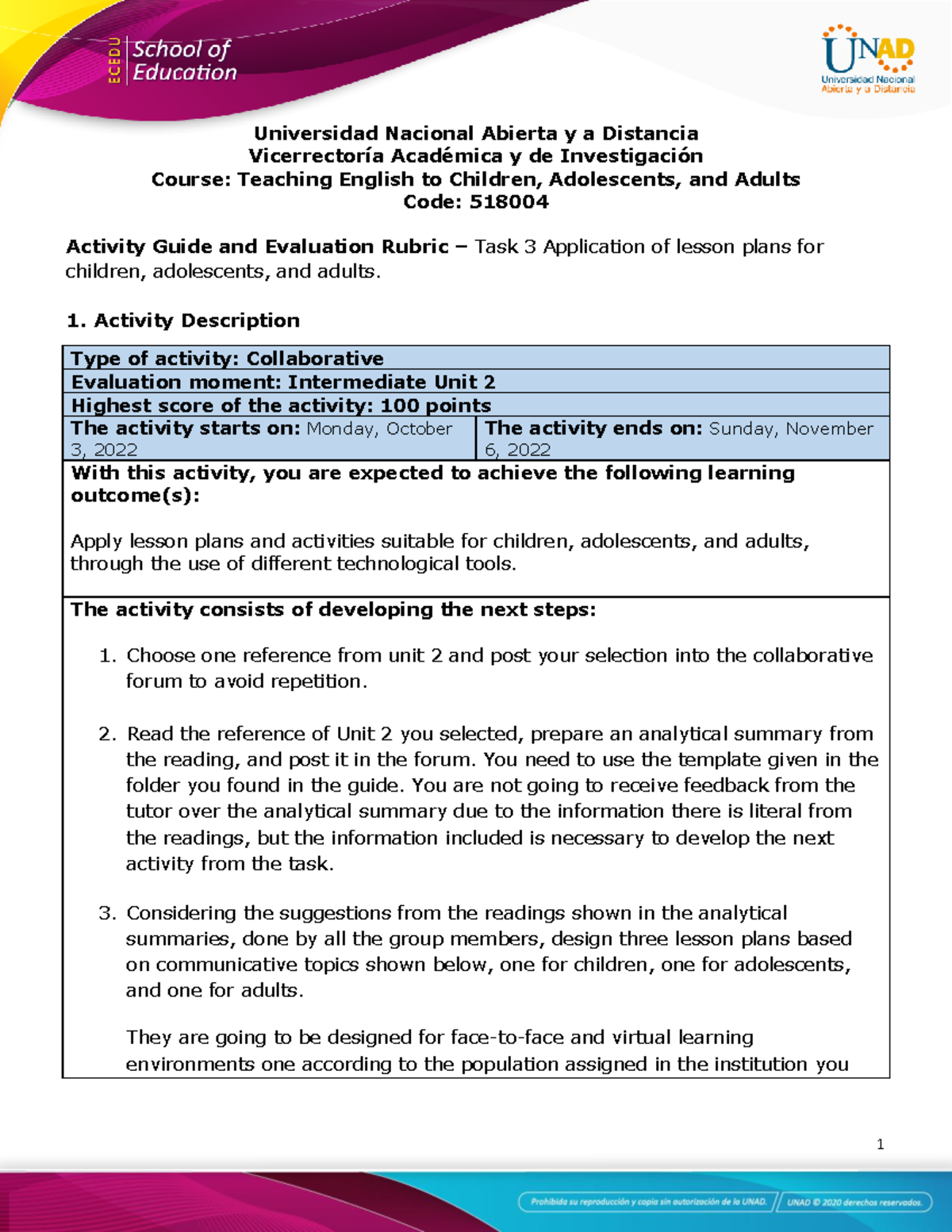 Activity Guide and Evaluation Rubric - Unit 2 - Task 3 - Application of lesson plans for ...