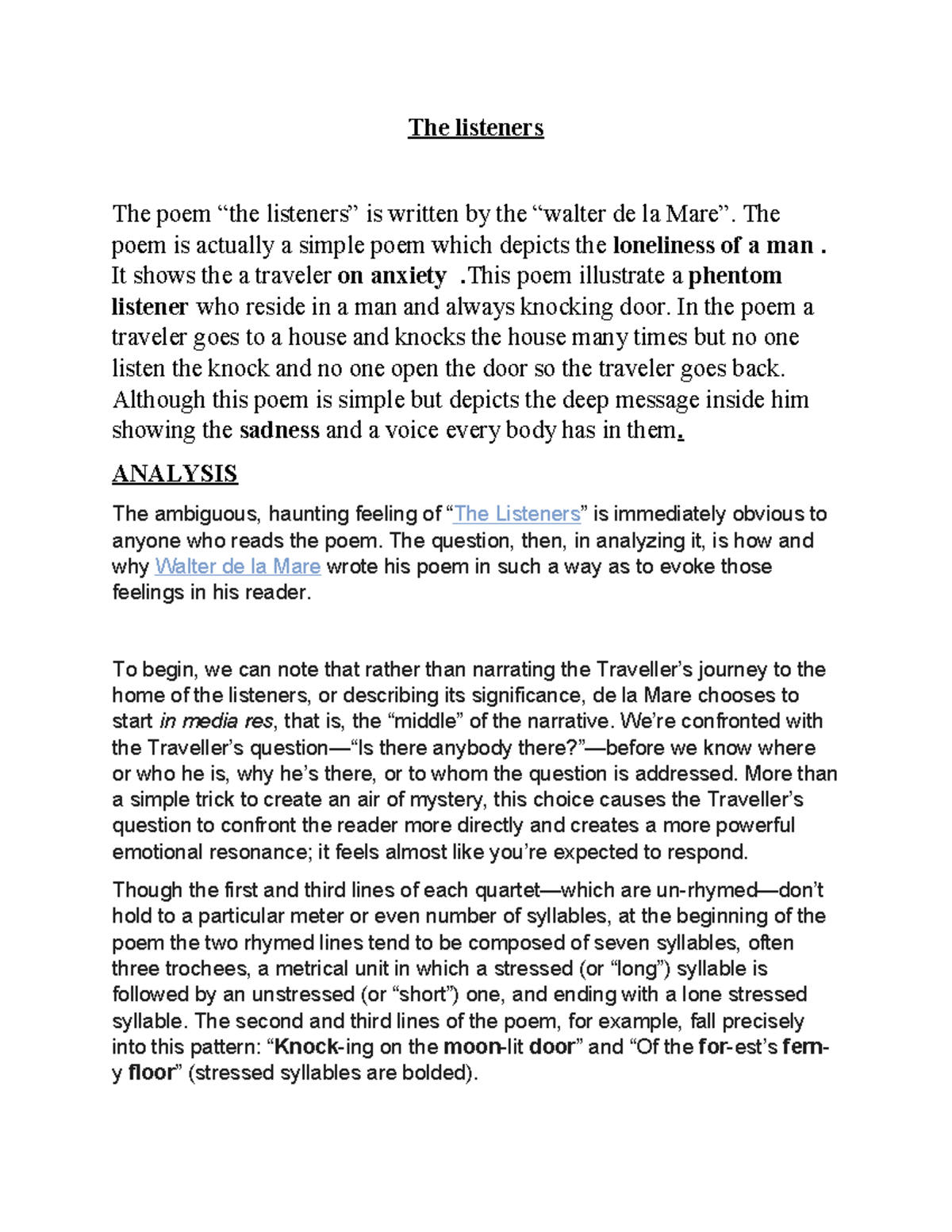 505 notes - The listeners The poem “the listeners” is written by the ...