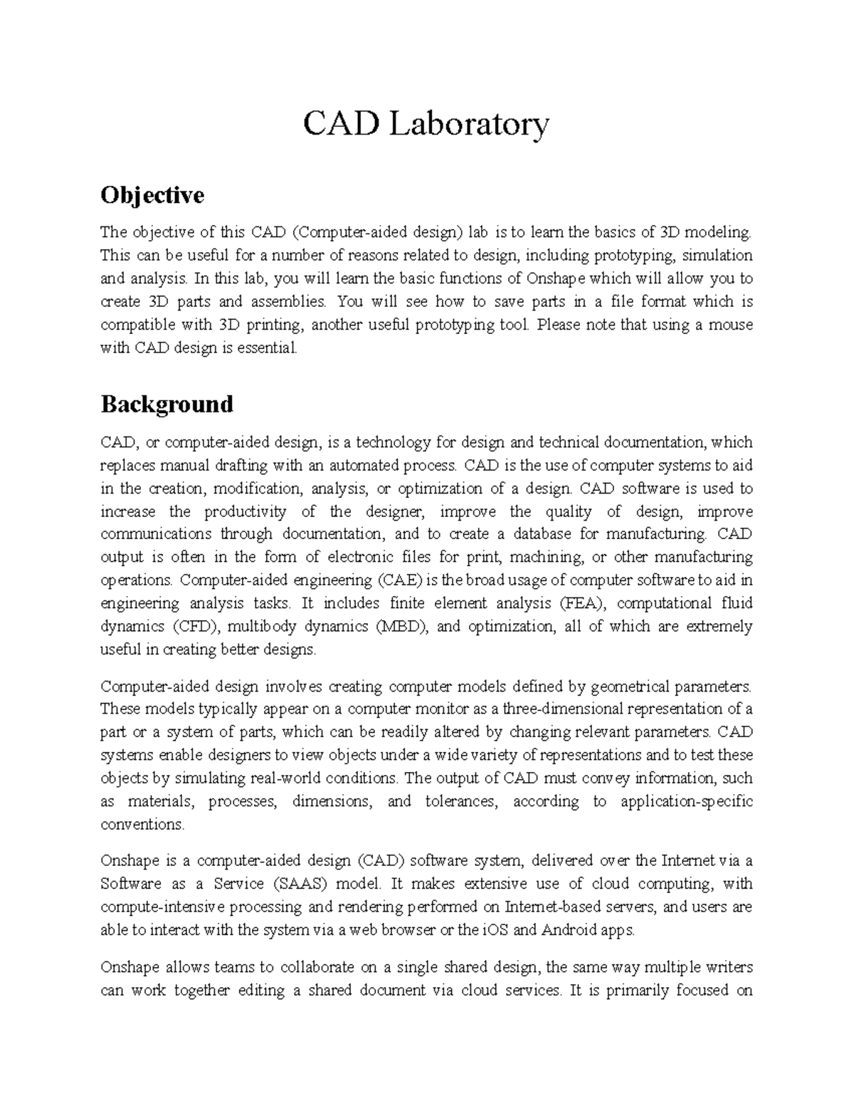 LAB CAD intro helpful - CAD Laboratory Objective The objective of this ...