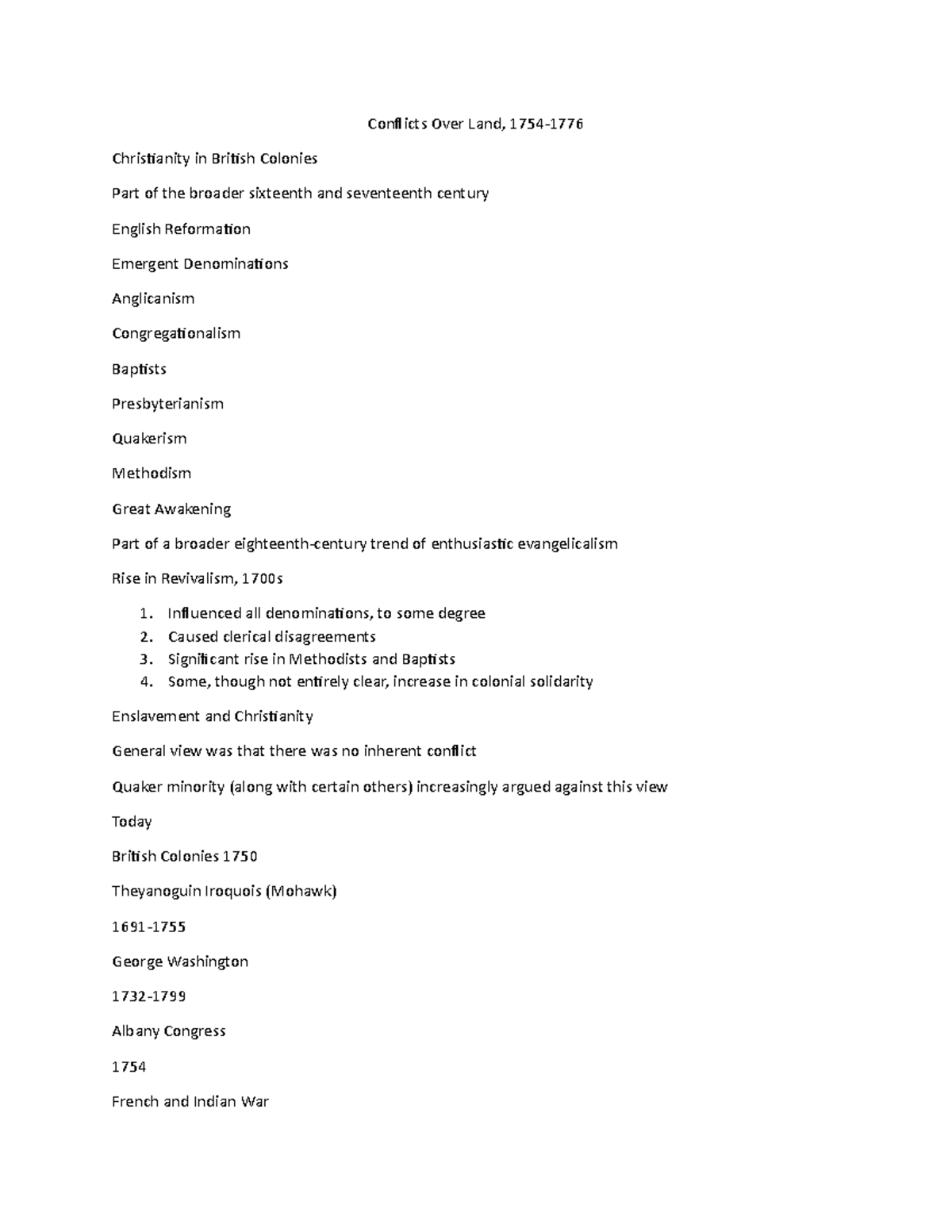 Hist 1100 Conflicts Over Land Lecture Notes - Conflicts Over Land, 1754 ...